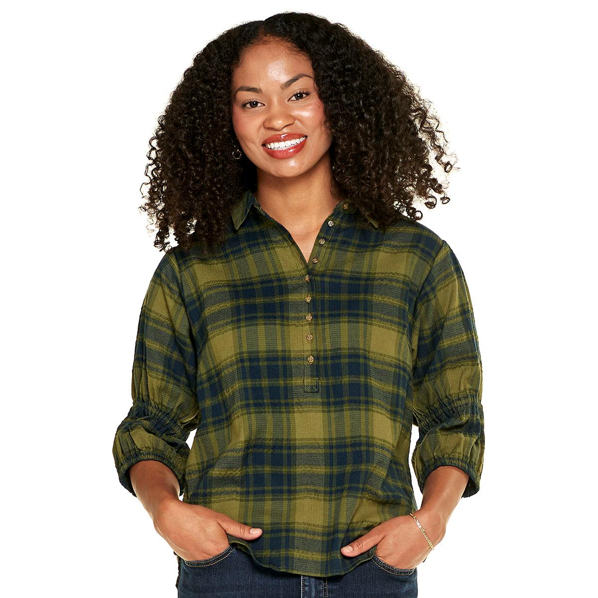 Click here for Petite Architect(R) 3/4 Sleeve Popover Plaid Blous... prices