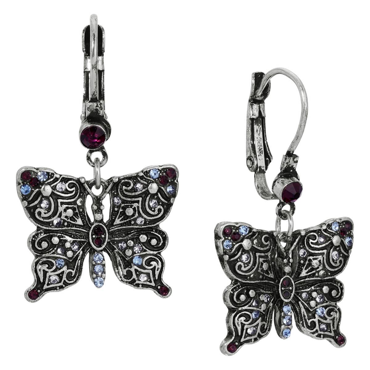 1928 Antiqued Silver-Tone Purple & Blue Butterfly Earrings
