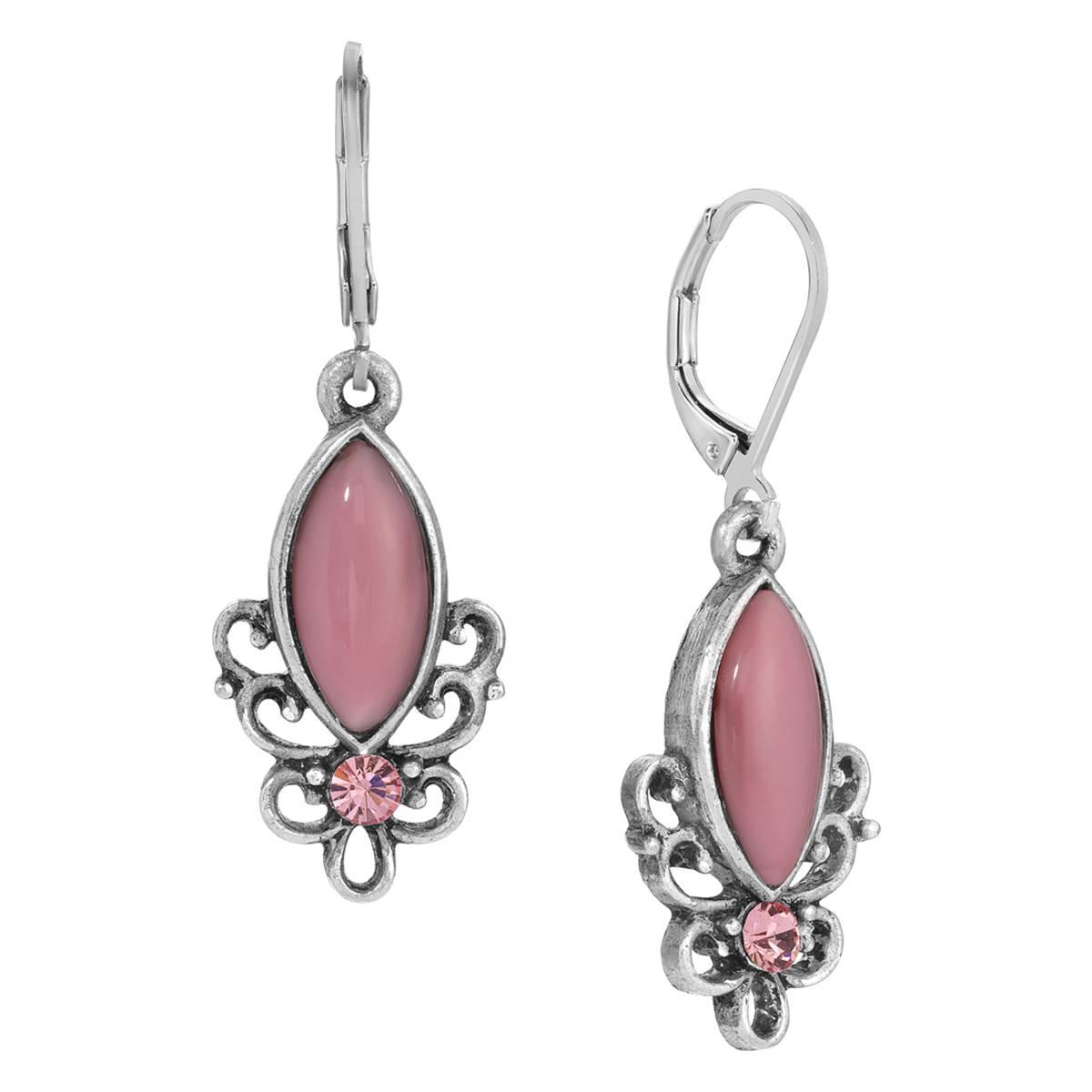 1928 Silver-Tone & Pink Filigree Drop Earrings