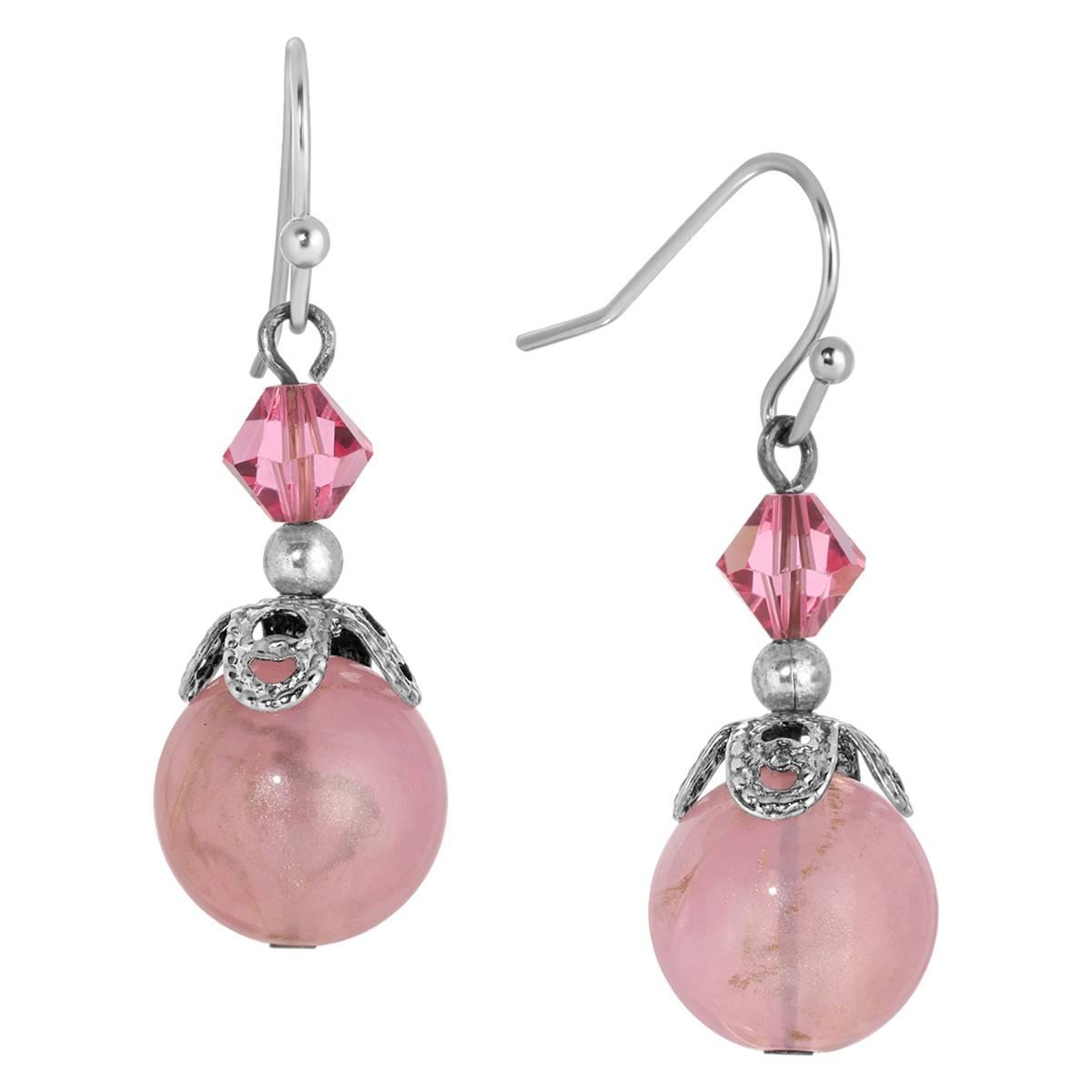 1928 Silver-Tone with Pink Bead Drop Earrings