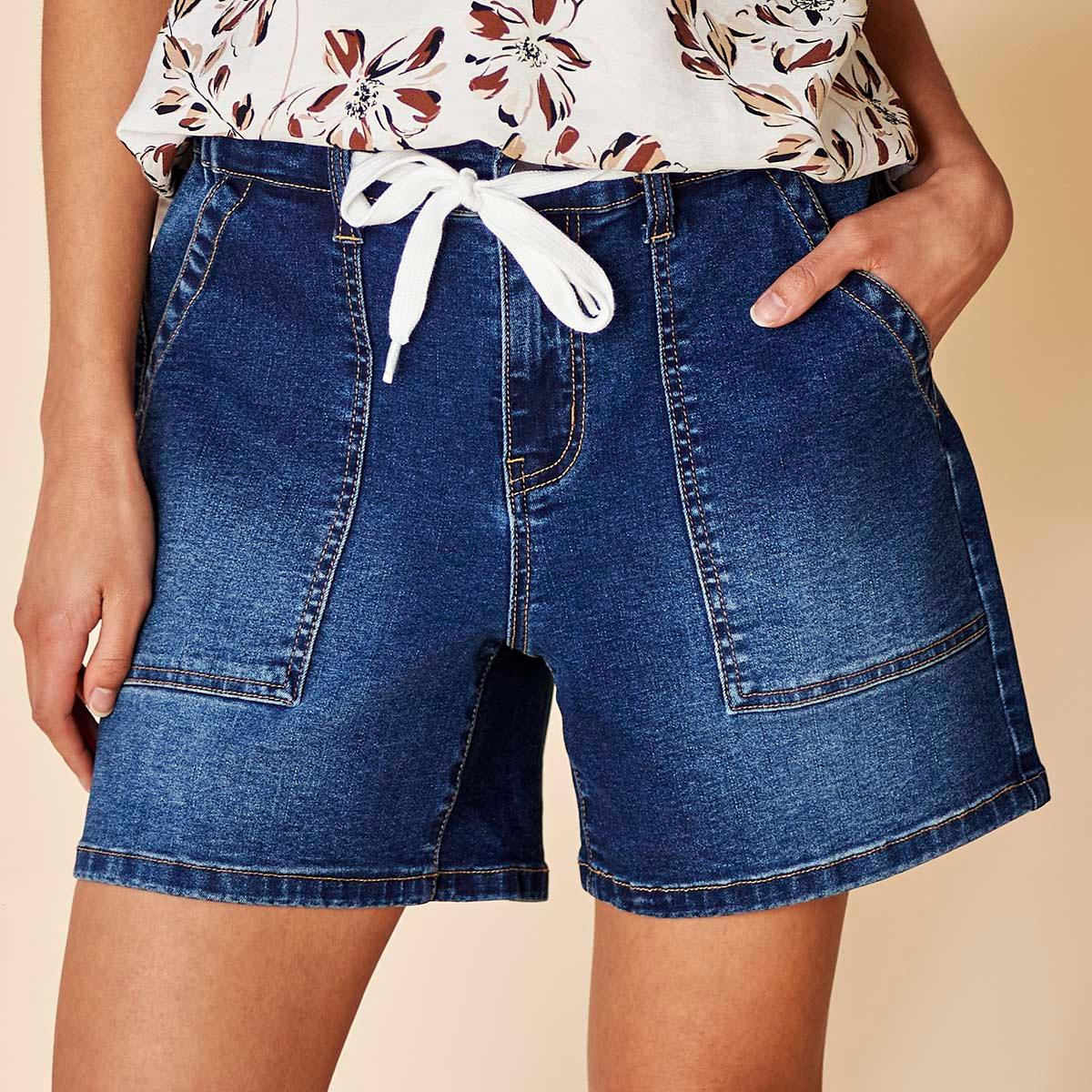 Click here for Petite Bleu Denim Tie Front Shorts w/ Porkchop Poc... prices