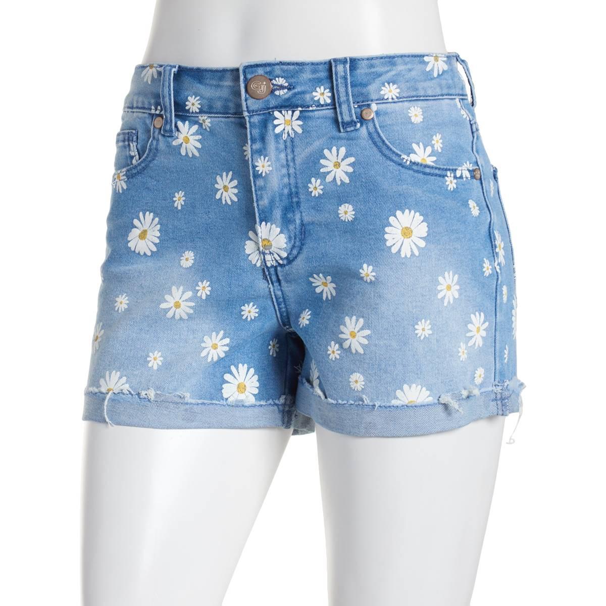 Click here for Juniors Poly Spandex High-Rise Daisy Denim Shorts prices