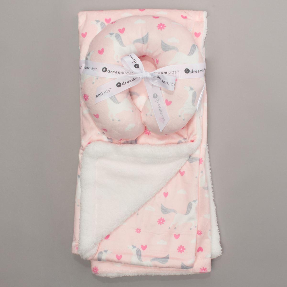 Click here for Dreamkids(tm) Unicorn & Hearts Blanket W/ Neck Pil... prices