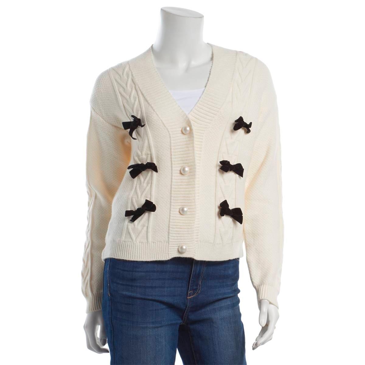 Click here for Petite Birch Cable Bow Accent Button Front Cardiga... prices