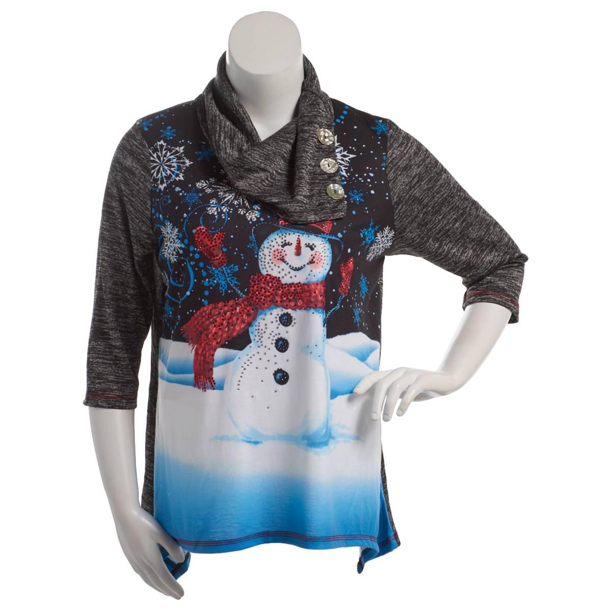 Click here for Plus Size Onque 3/4 Sleeve Cowl Neck Snowman Embel... prices