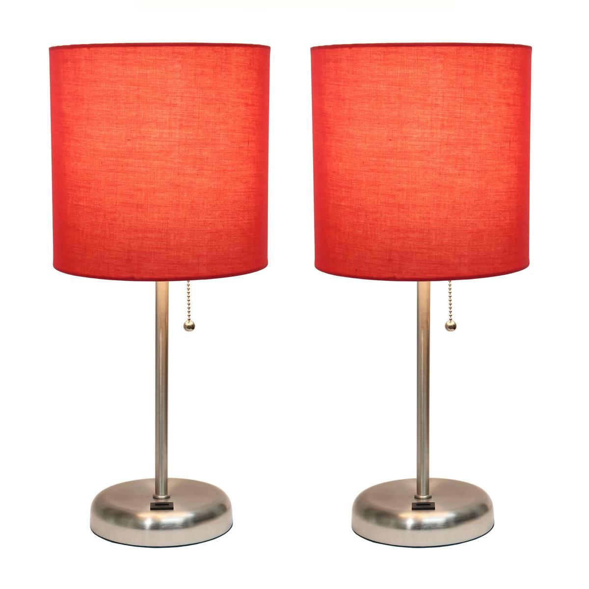 LimeLights Brushed Steel Lamp/USB Charge Port/Red Shade-Set of 2