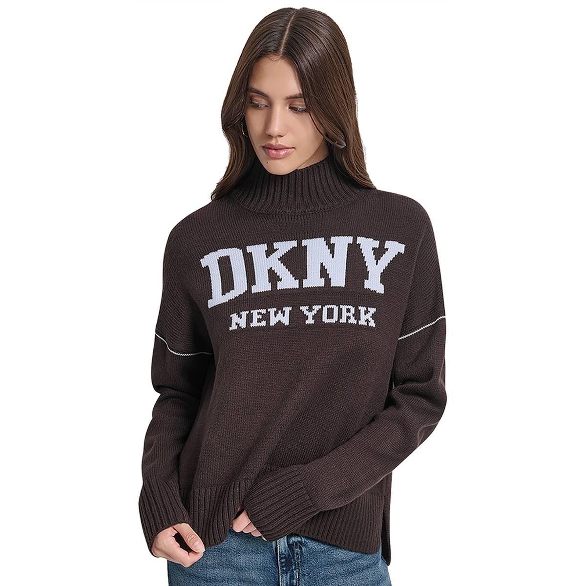 Click here for Womens DKNY Logo Turtle Neck High Low Hem Sweater prices