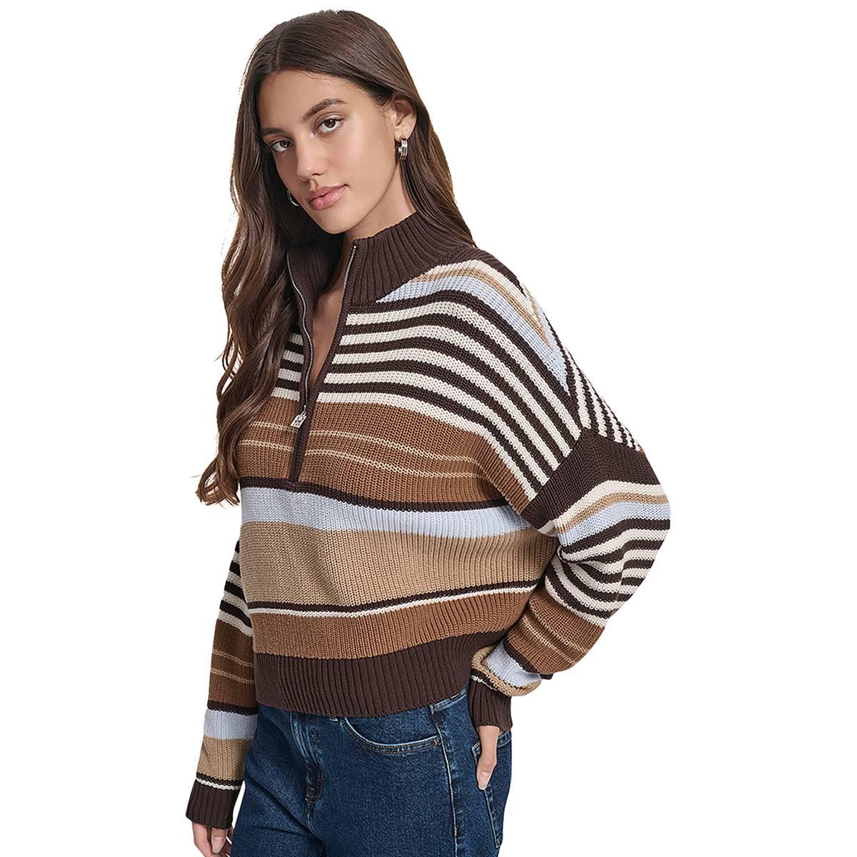Womens DKNY Mock Neck 1/4 Zip Pull Over Stripe Sweater