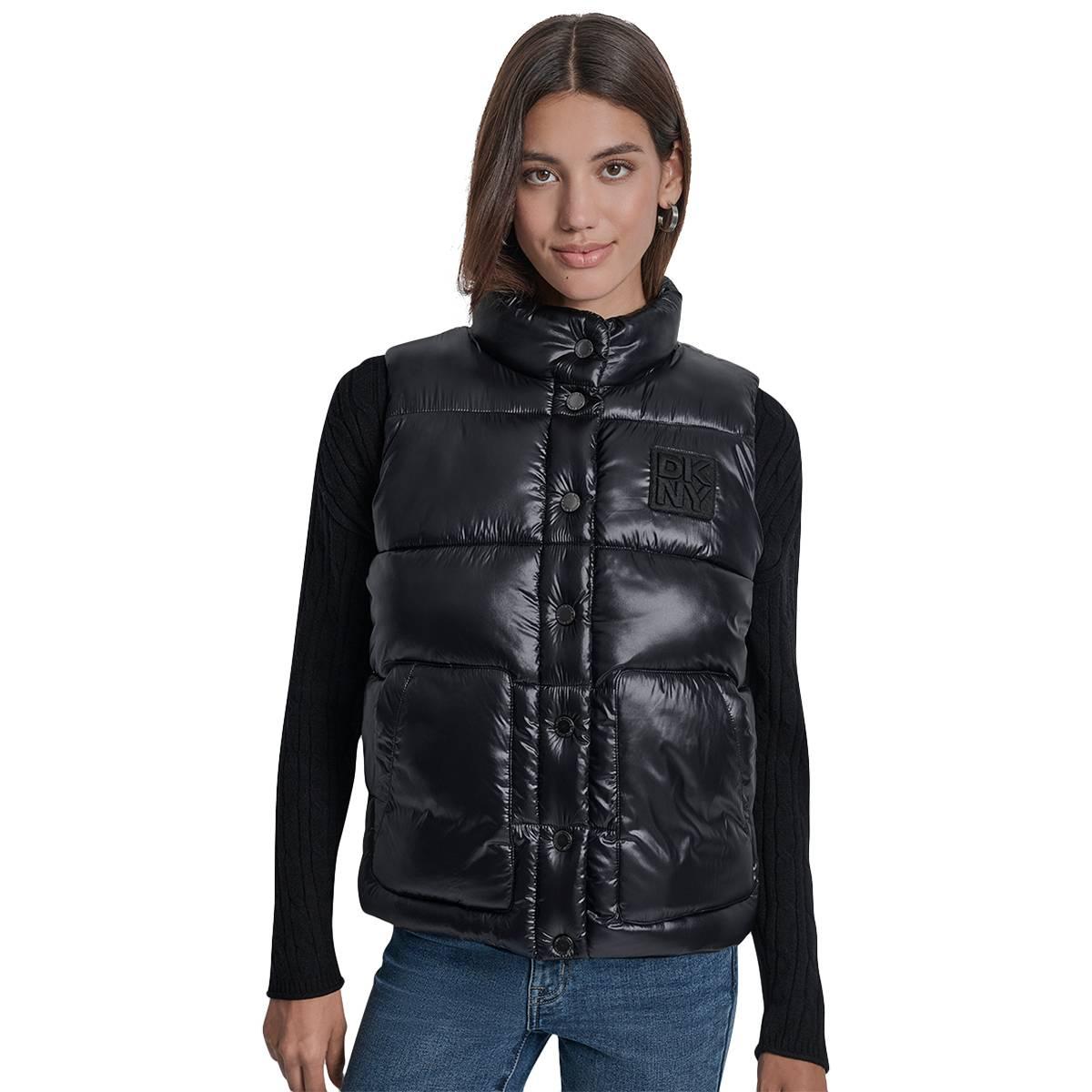 Dkny Jeans Womens Quilted Mock Neck Puffer Jacket - Metallic Black
