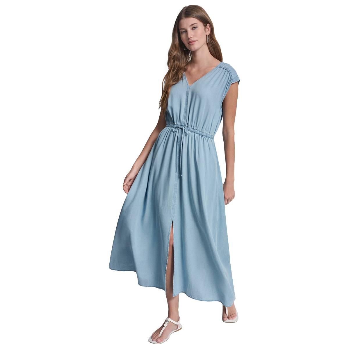 Click here for Womens DKNY Jeans Ruch Shoulder V Neck Midi Dress prices