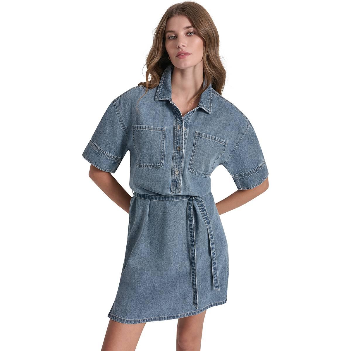 Click here for Womens DKNY Short Sleeve Tie Waist Denim Shirtdres... prices