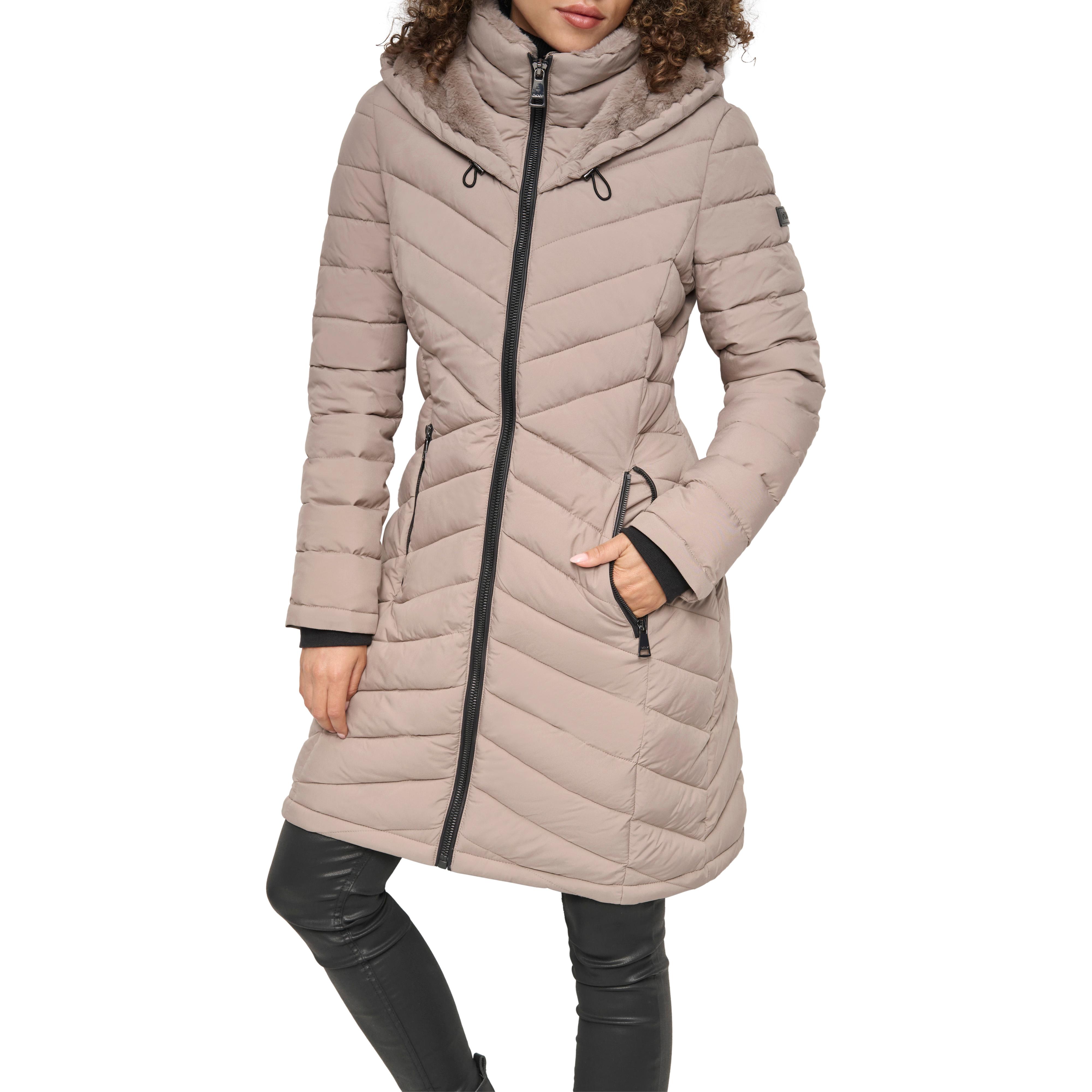 Womens DKNY Down & Puffer With Faux Fur Lined Hood