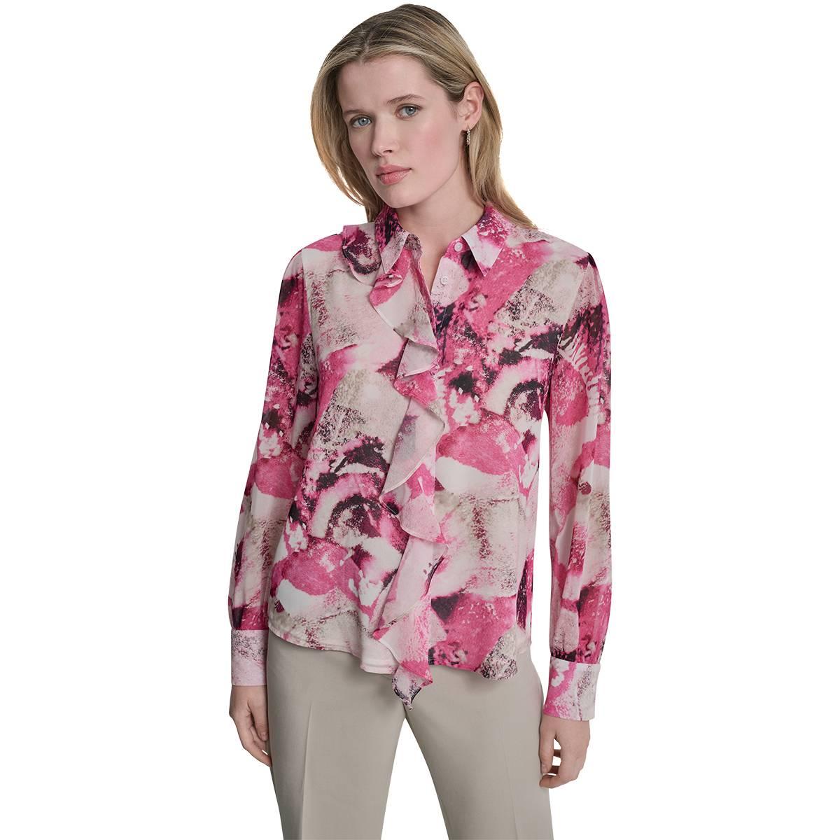 Click here for Womens DKNY Long Sleeve Ruffle Button Front Floral... prices