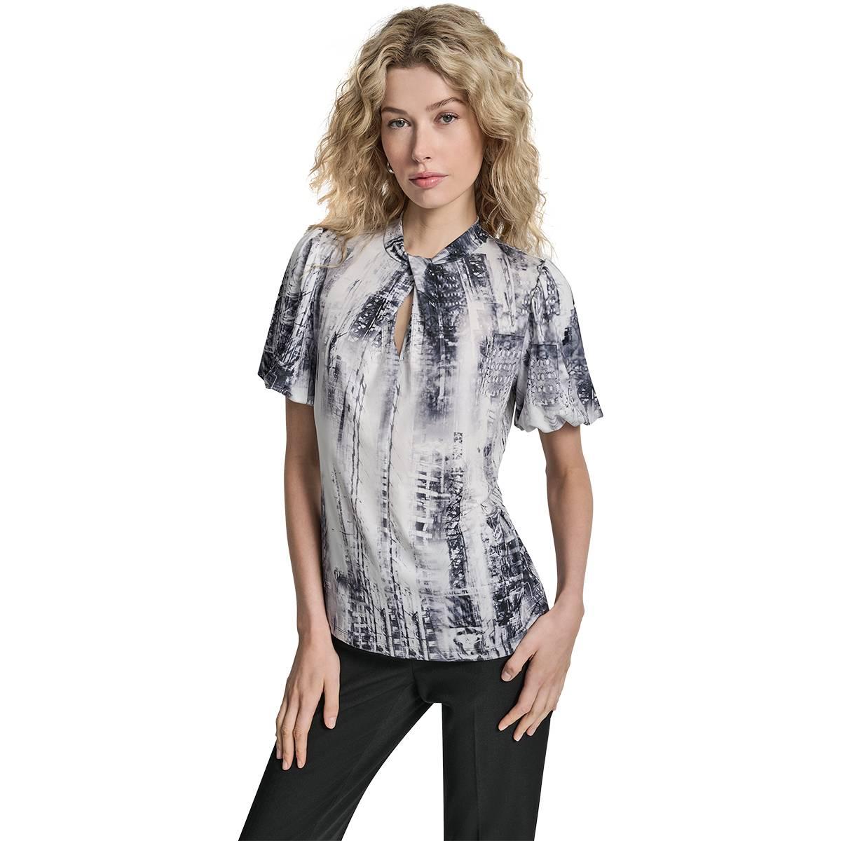 Dkny Womens Bell Sleeve Printed Top - Graphite/stone Grey Multi