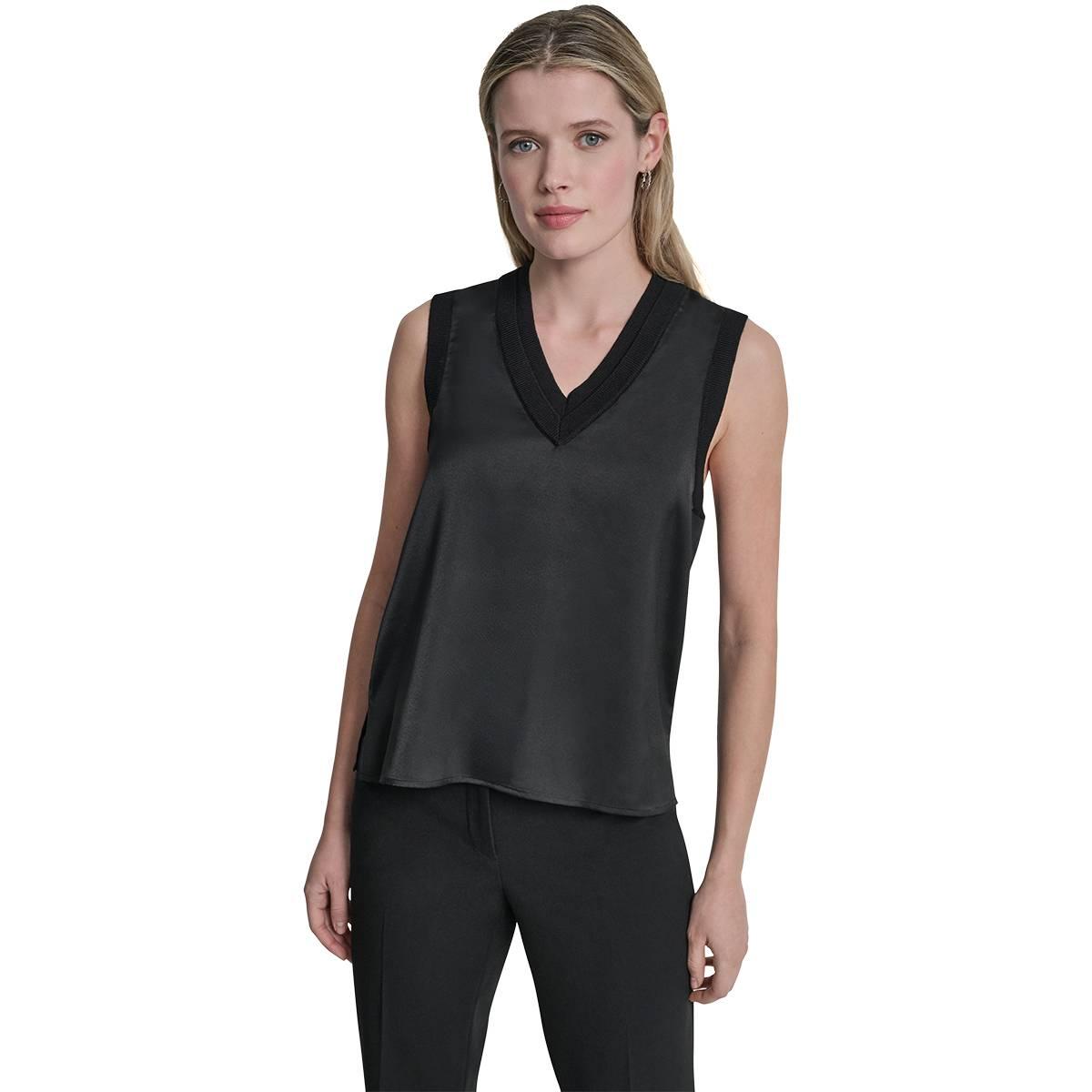 Click here for Womens DKNY Ribbed Double V Neck Black Solid Tank... prices