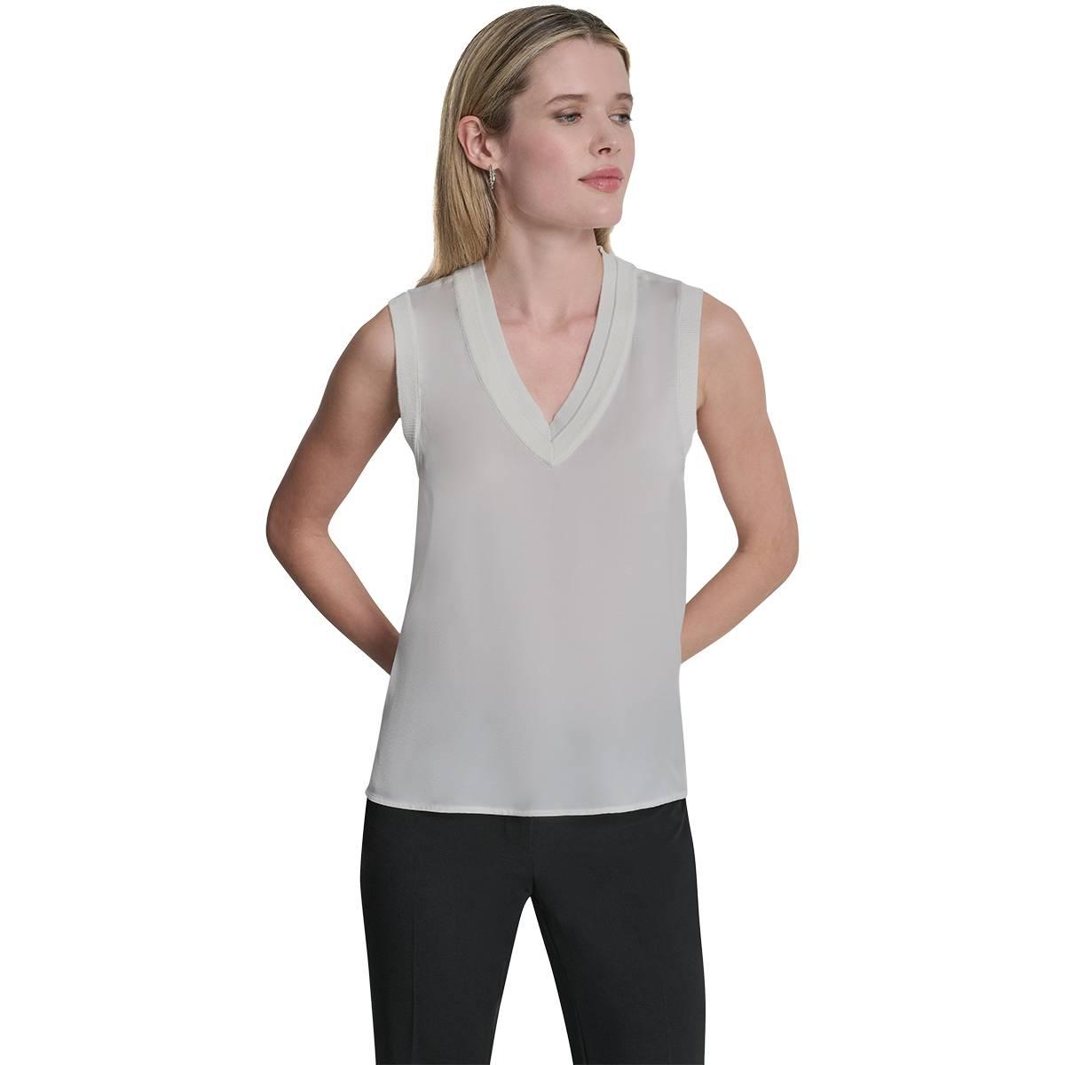 Click here for Womens DKNY Ribbed Double V Neck Ivory Solid Tank... prices