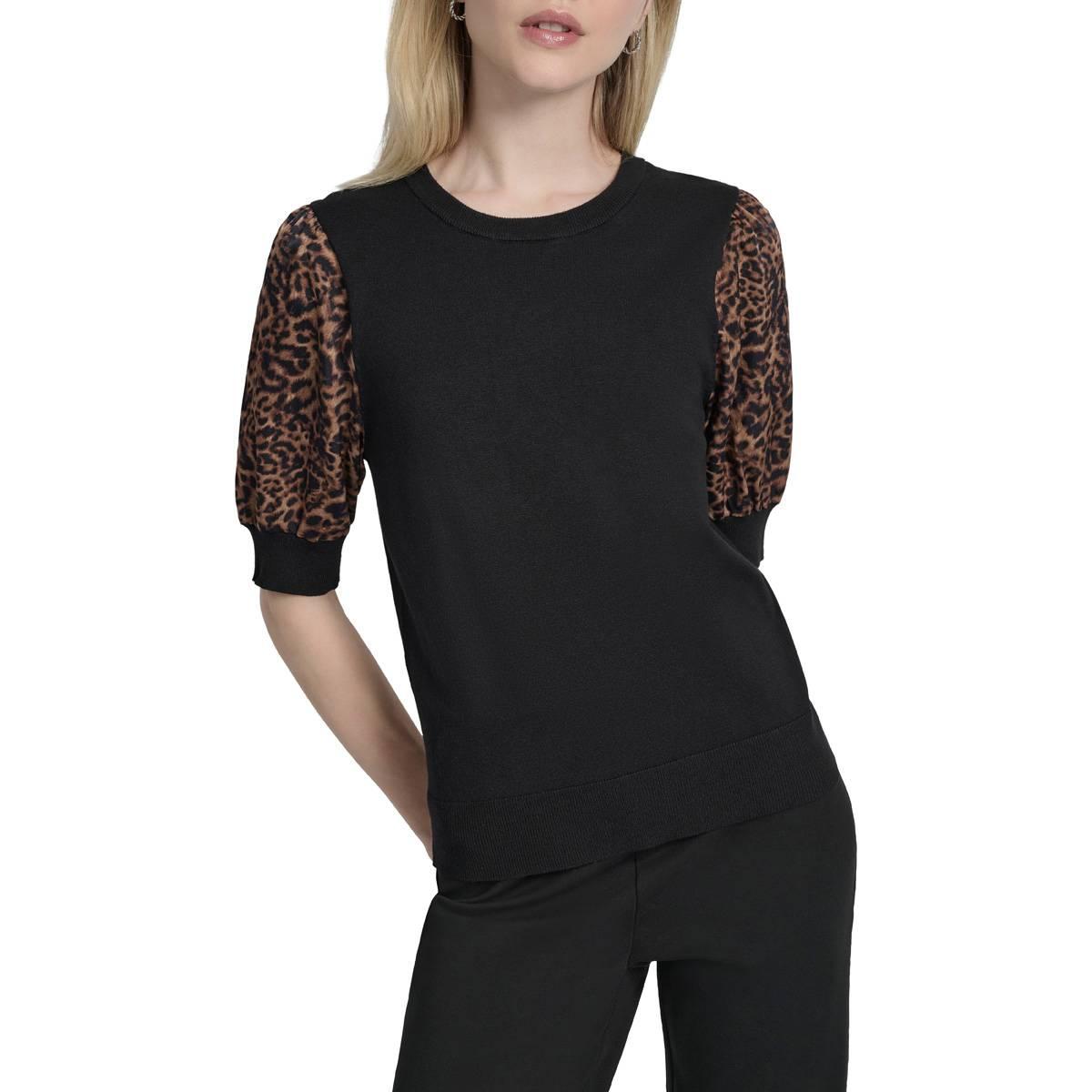 Dkny Womens Mixed-Media Printed-Sleeve Top - Black/compact Cheetah