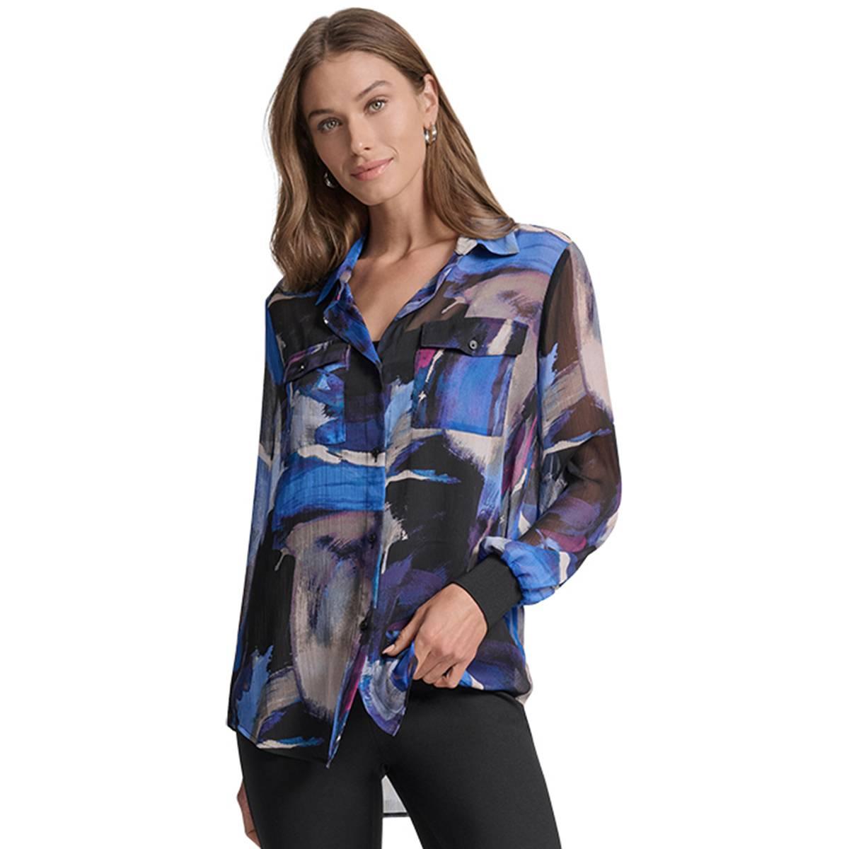 Dkny Womens Printed Button-Front Long-Sleeve Shirt - Blue Brush Stroke