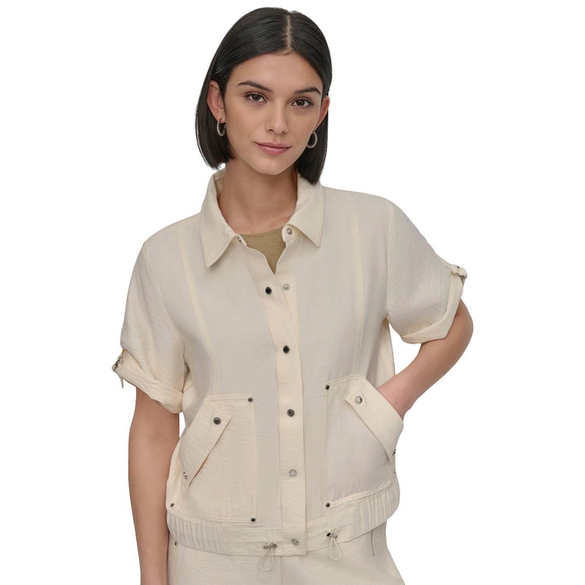 Womens DKNY Short Sleeve Snap Button Front Crinkle Jacket