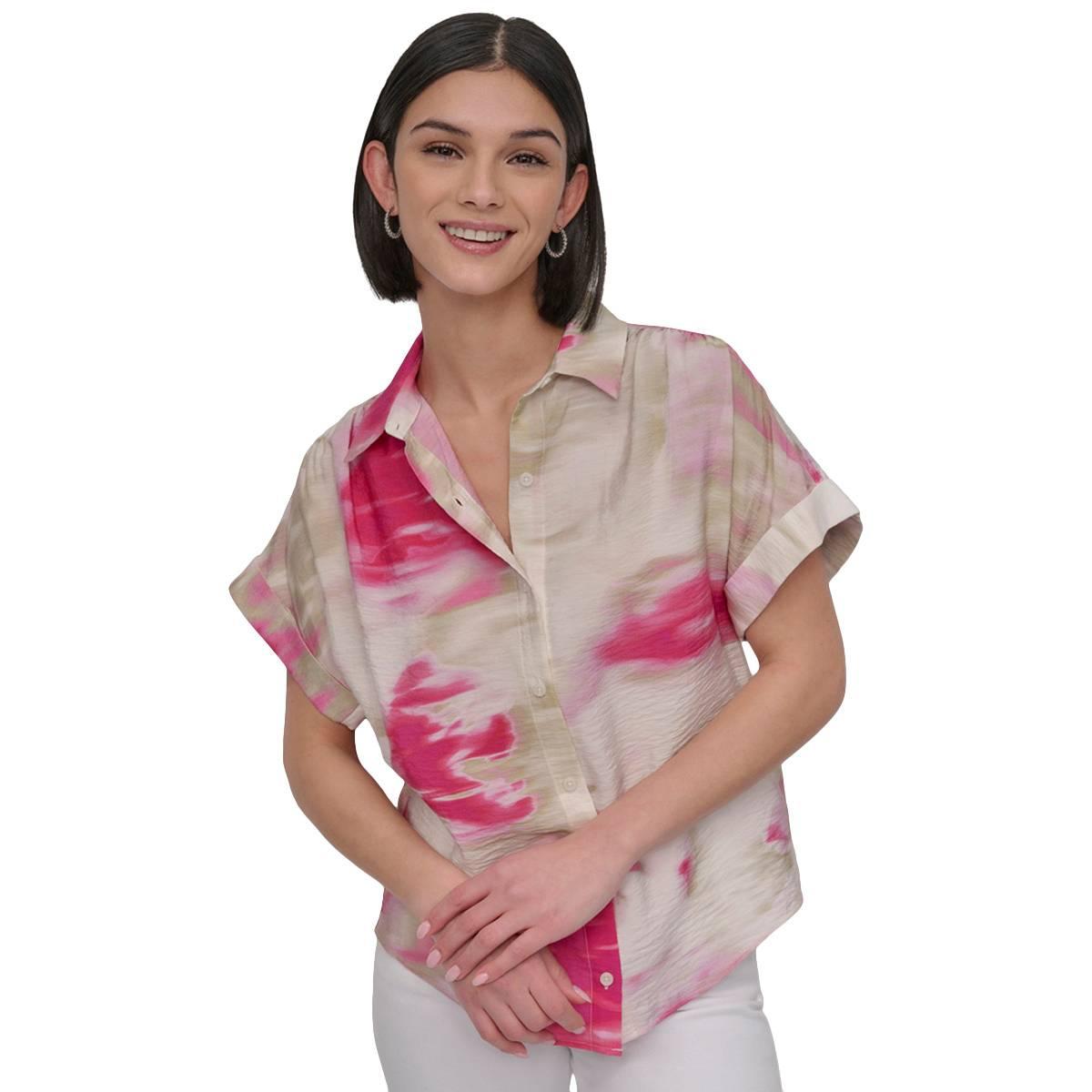 Click here for Womens DKNY Abstract Watercolor Rumple Button Fron... prices