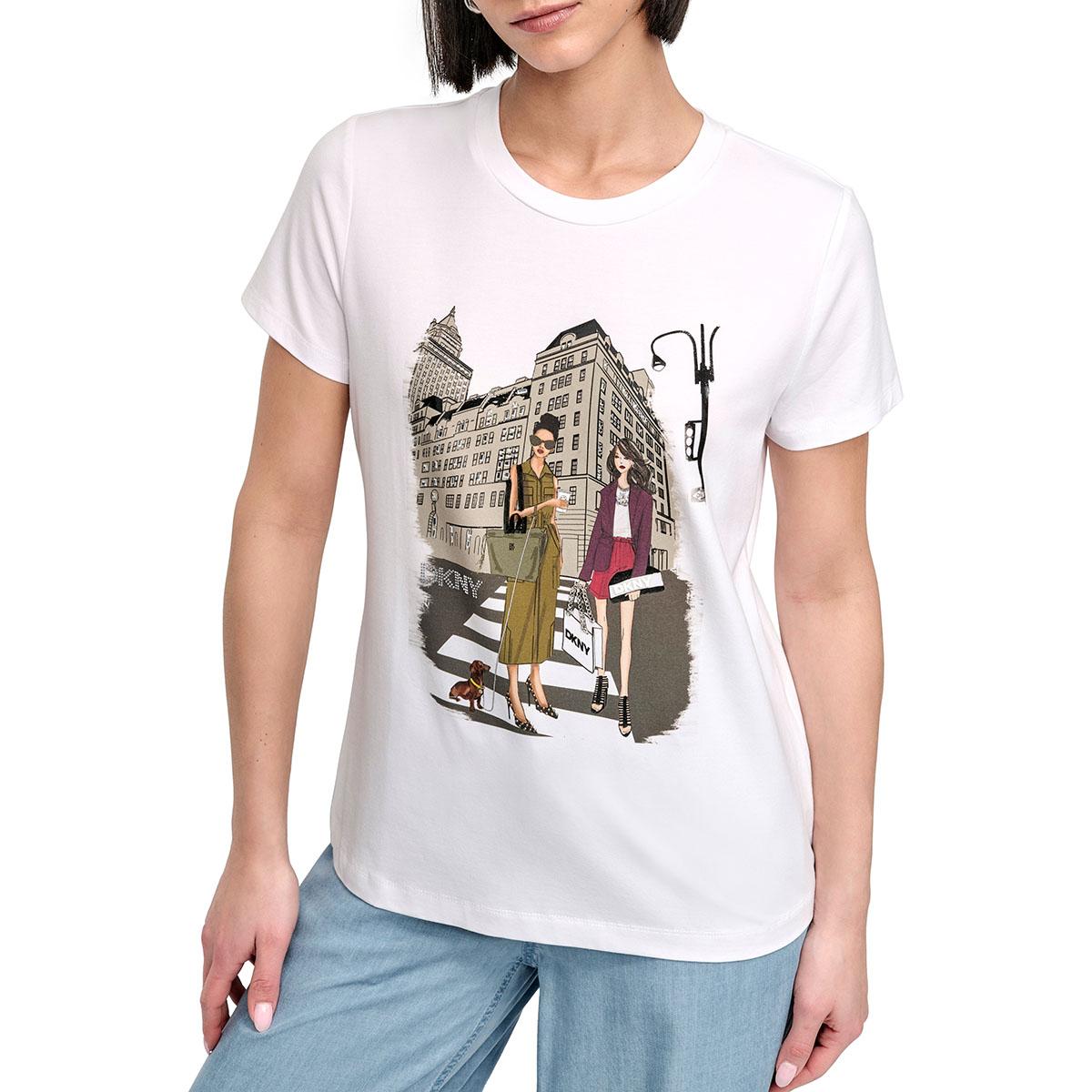 Dkny Womens Fifth Avenue Conversation Crewneck Tee - White