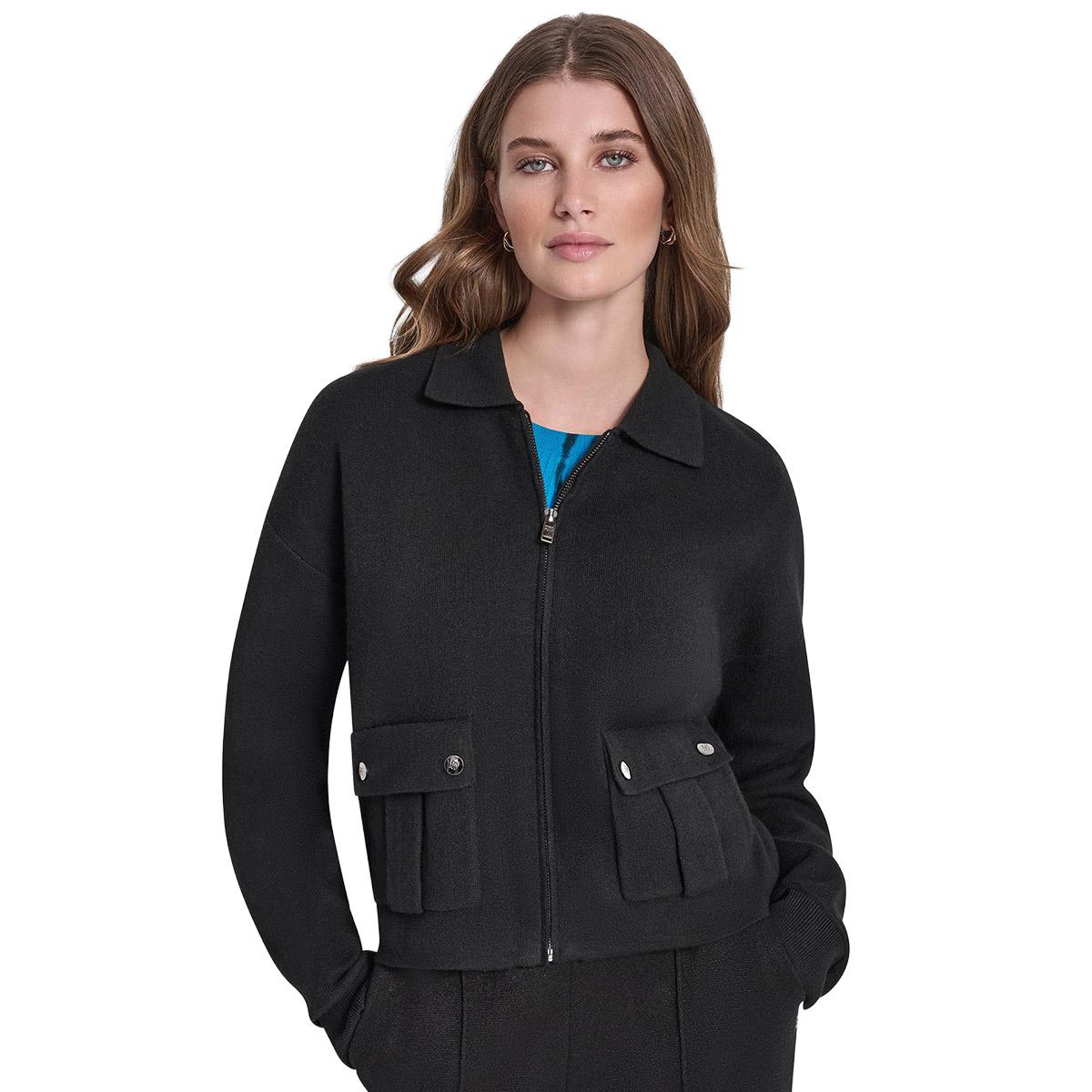 Click here for Womens DKNY Collared Zip Front Bomber Sweater prices
