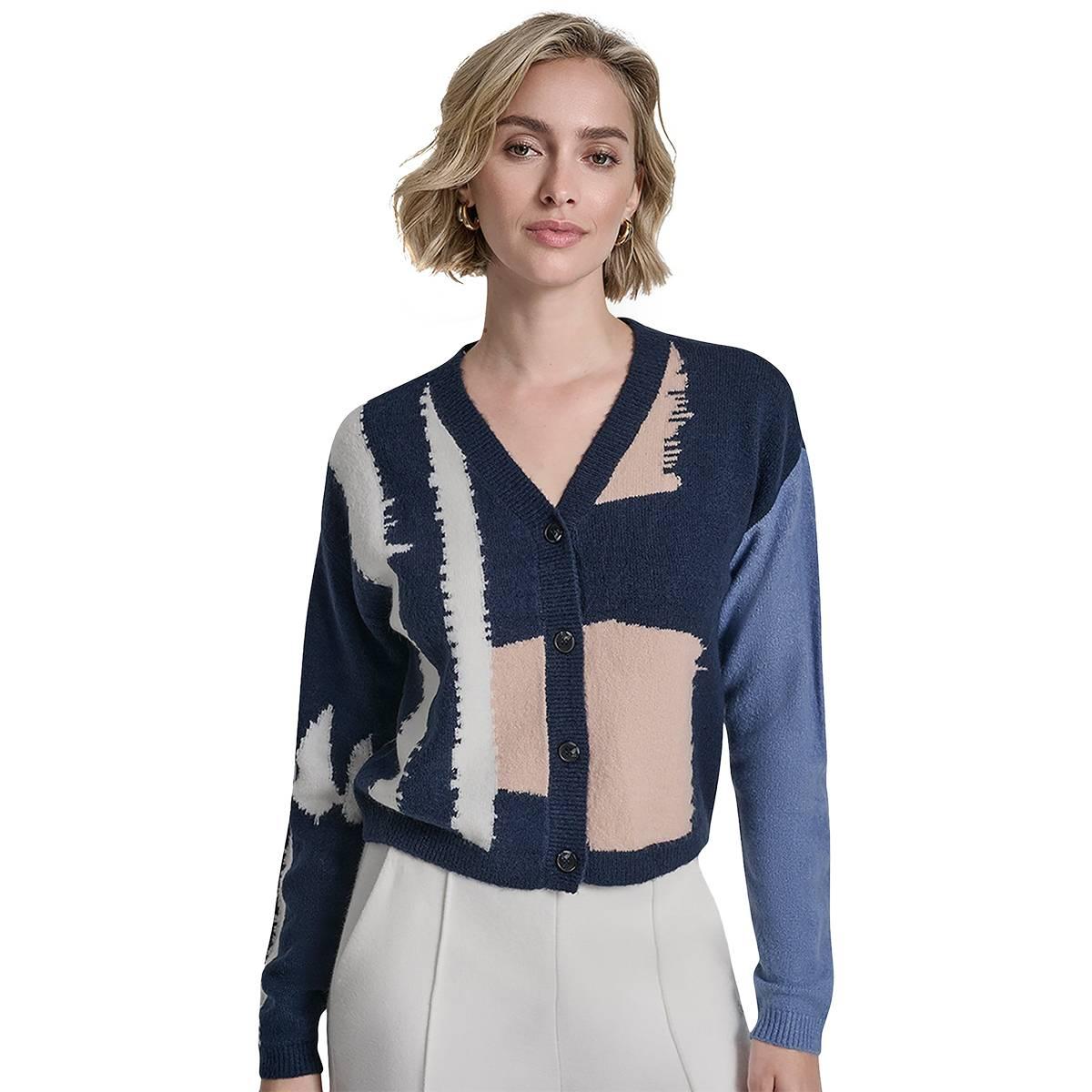 Dkny Womens Long-Sleeve Color-Block Cropped Cardigan - Hudson Lights