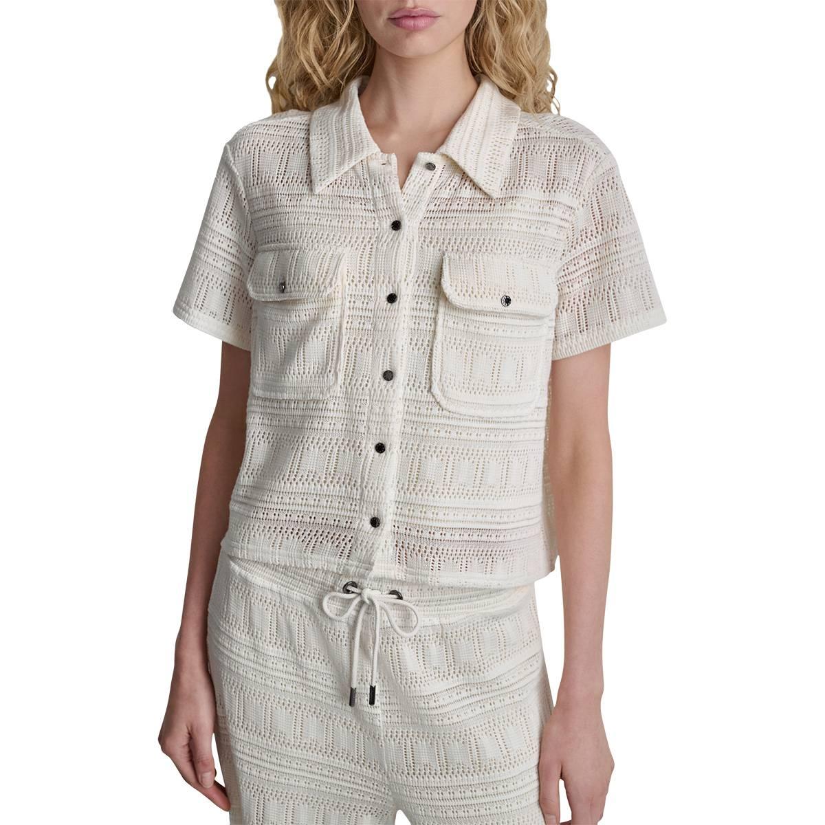 Click here for Womens DKNY Short Sleeve Pearl Knit Button Front S... prices
