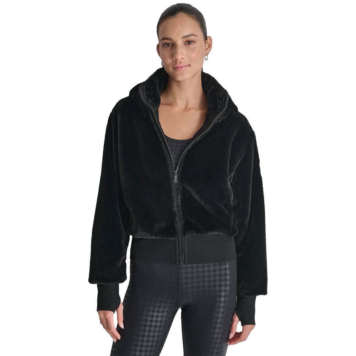Womens DKNY Full Zip Terry Fur Removable Hood Bomber Jacket