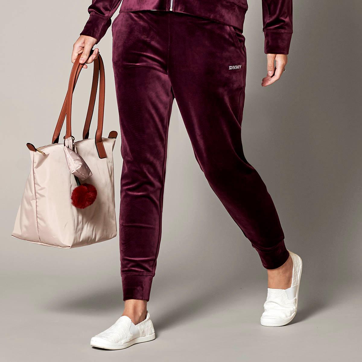 Dkny Womens Platinum Velour Rhinestone Logo Slim Fit Joggers - Espresso