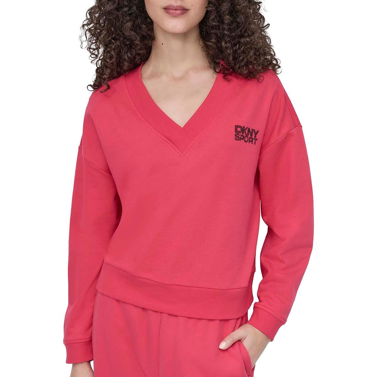 Womens DKNY Sport Rhinestone Stacked Logo Deep V-Neck Sweatshirt