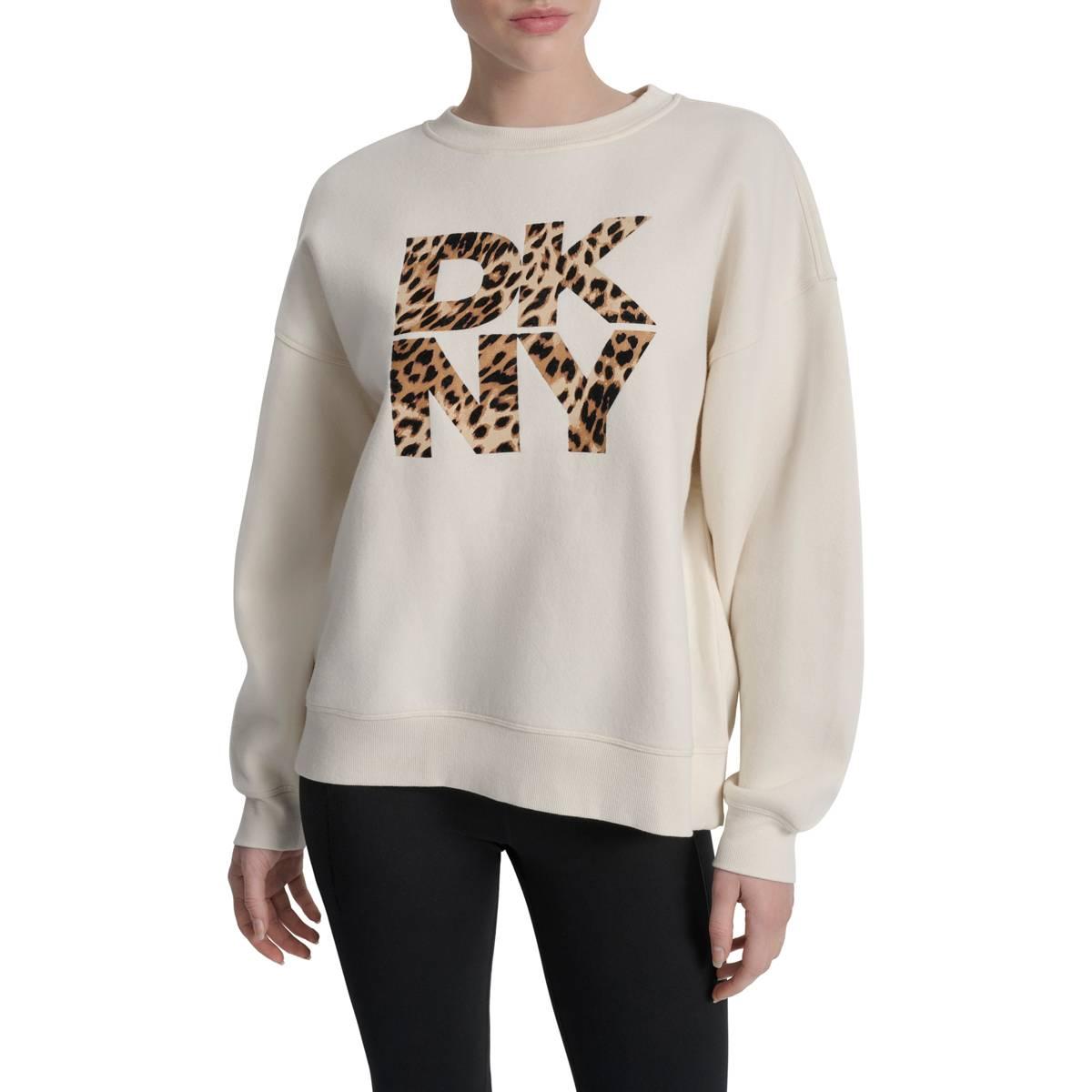 Dkny Womens Stacked Flock Logo Crew Neck Top - Eggnog