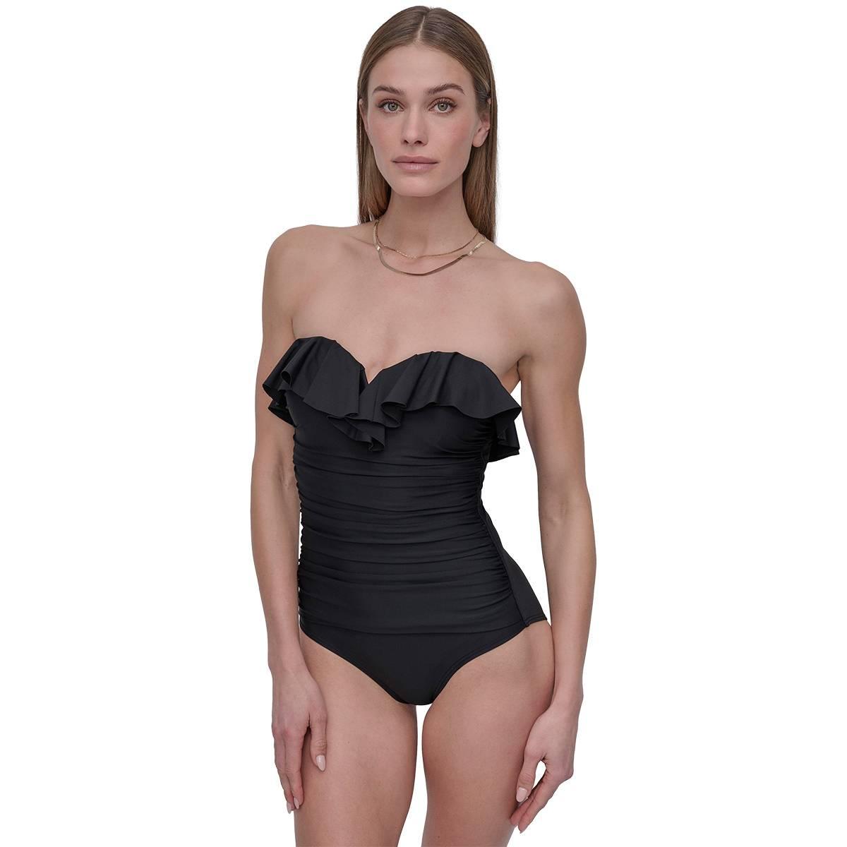 Click here for Womens DKNY Solid Ruffled Bandeau One Piece Swimsu... prices