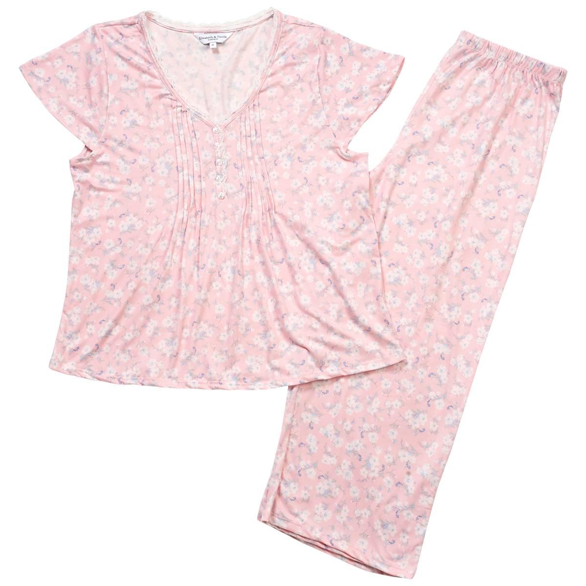 Click here for Womens Elizabeth & Nicole Pink Floral Henley Capri... prices