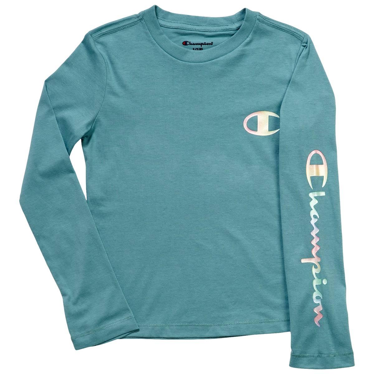 Girls (7-16) Champion(R) Long Sleeve Ombre Logo Sleeve Art Tee