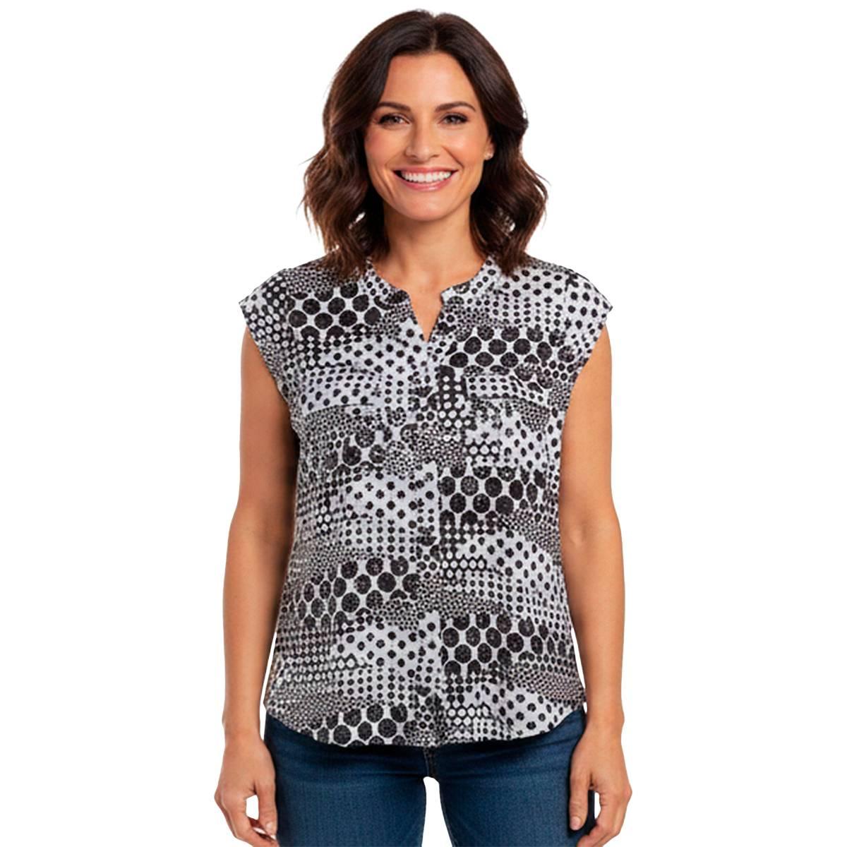 Click here for Petite Emily Daniels Cap Sleeve Foil Dot Button Fr... prices