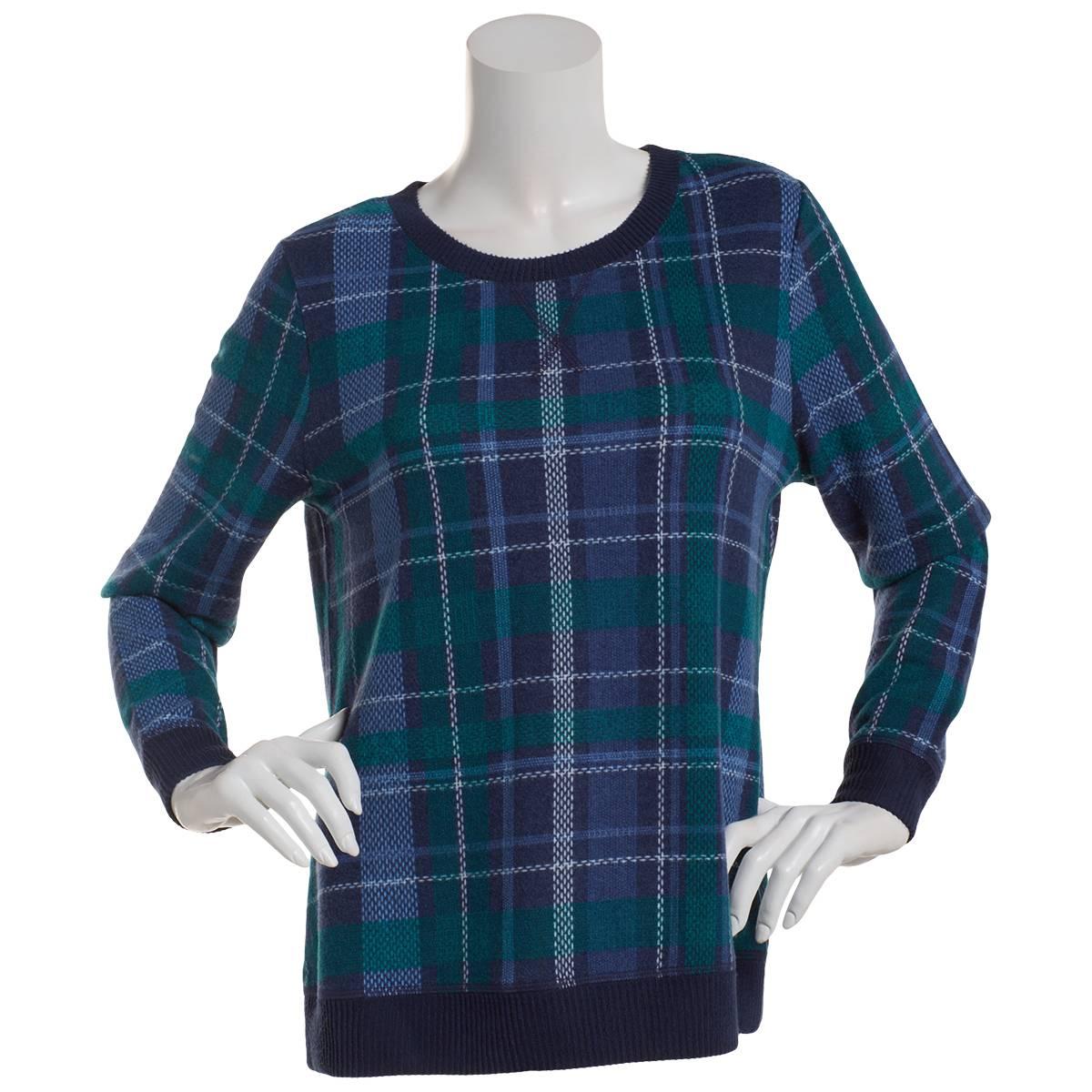 Click here for Petite Emily Daniels Texture Plaid Hacci Crew Neck... prices