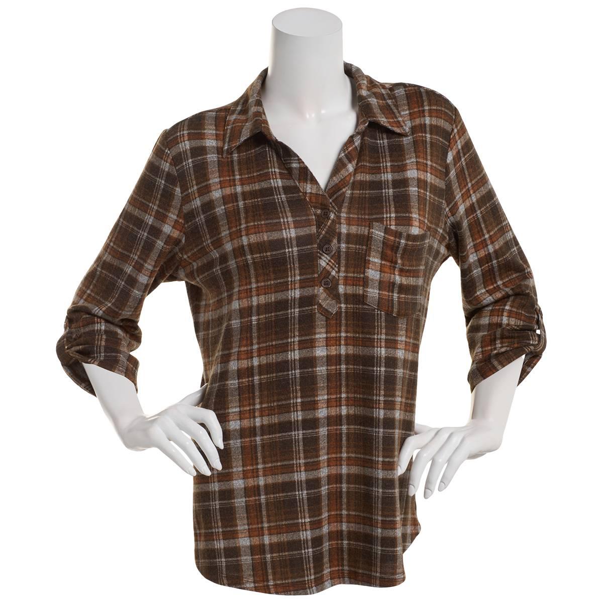 Click here for Petite Emily Daniels 1-Pocket Plaid Hacci Blouse-B... prices