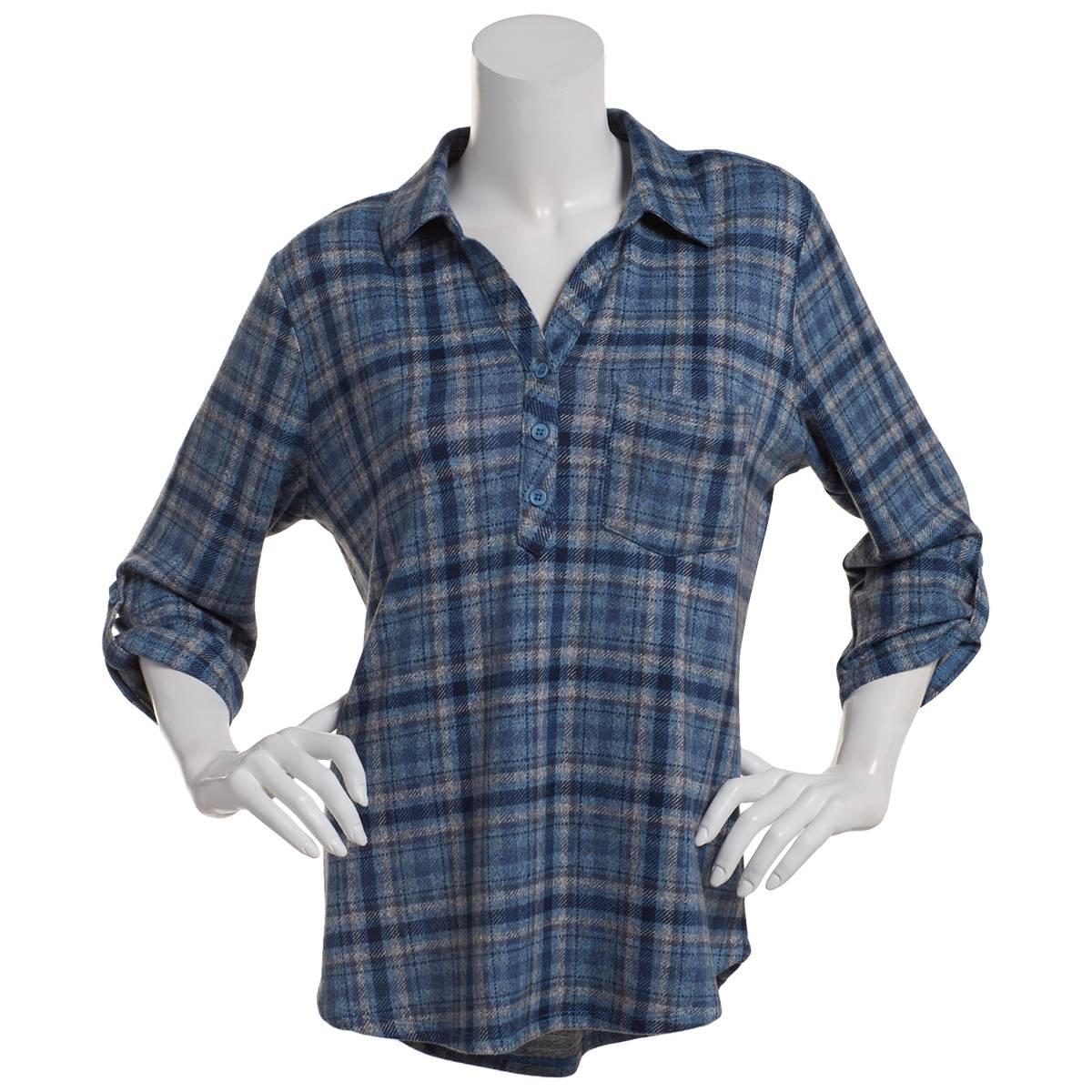 Click here for Petite Emily Daniels 3/4 Sleeve Plaid Hacci Blouse... prices