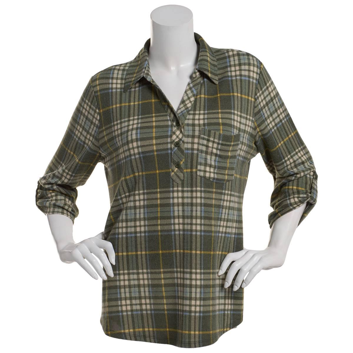 Click here for Plus Size Emily Daniels 1 Pocket Plaid Hacci Blous... prices