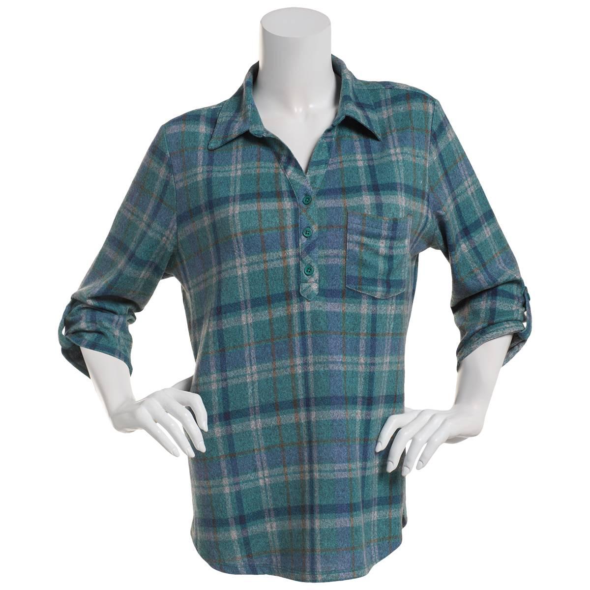 Click here for Petite Emily Daniels 3/4 Sleeve Plaid Hacci Blouse... prices