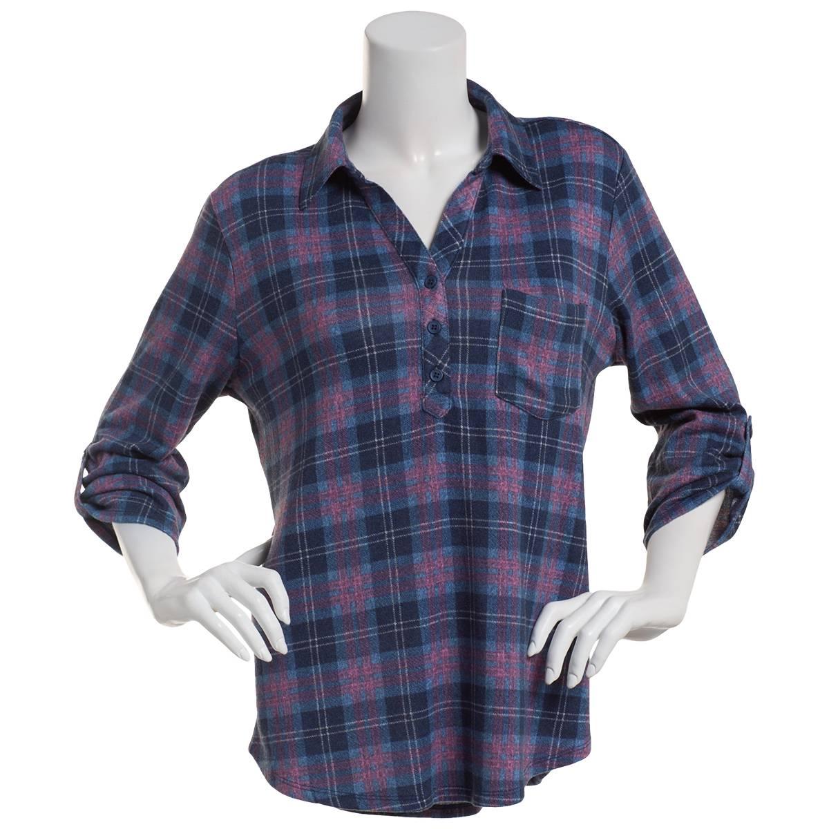 Click here for Petite Emily Daniels Collar Plaid Hacci Blouse - N... prices