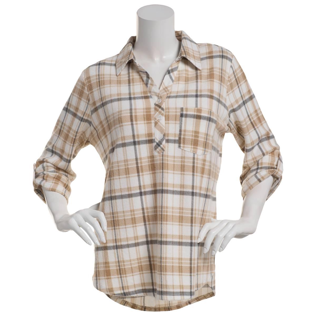 Click here for Petite Emily Daniels 3/4 Sleeve Plaid Hacci Blouse... prices