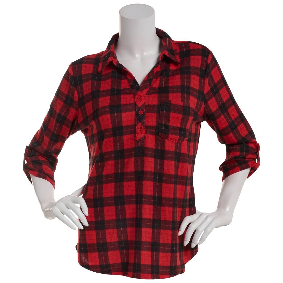 Click here for Petite Emily Daniels 1-Pocket Plaid Hacci Blouse -... prices