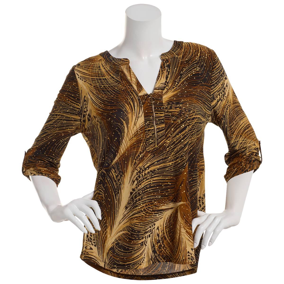 Plus Size Emily Daniels 3/4 Sleeve Abstract Zip Front Blouse