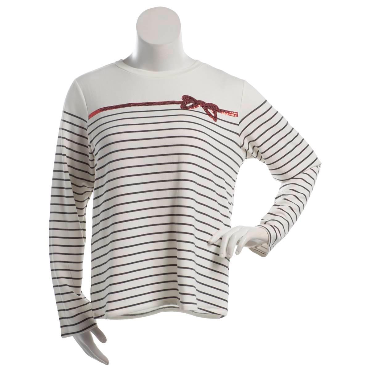 Click here for Petite Emily Daniels Long Sleeve Stripe Bow Blouse prices