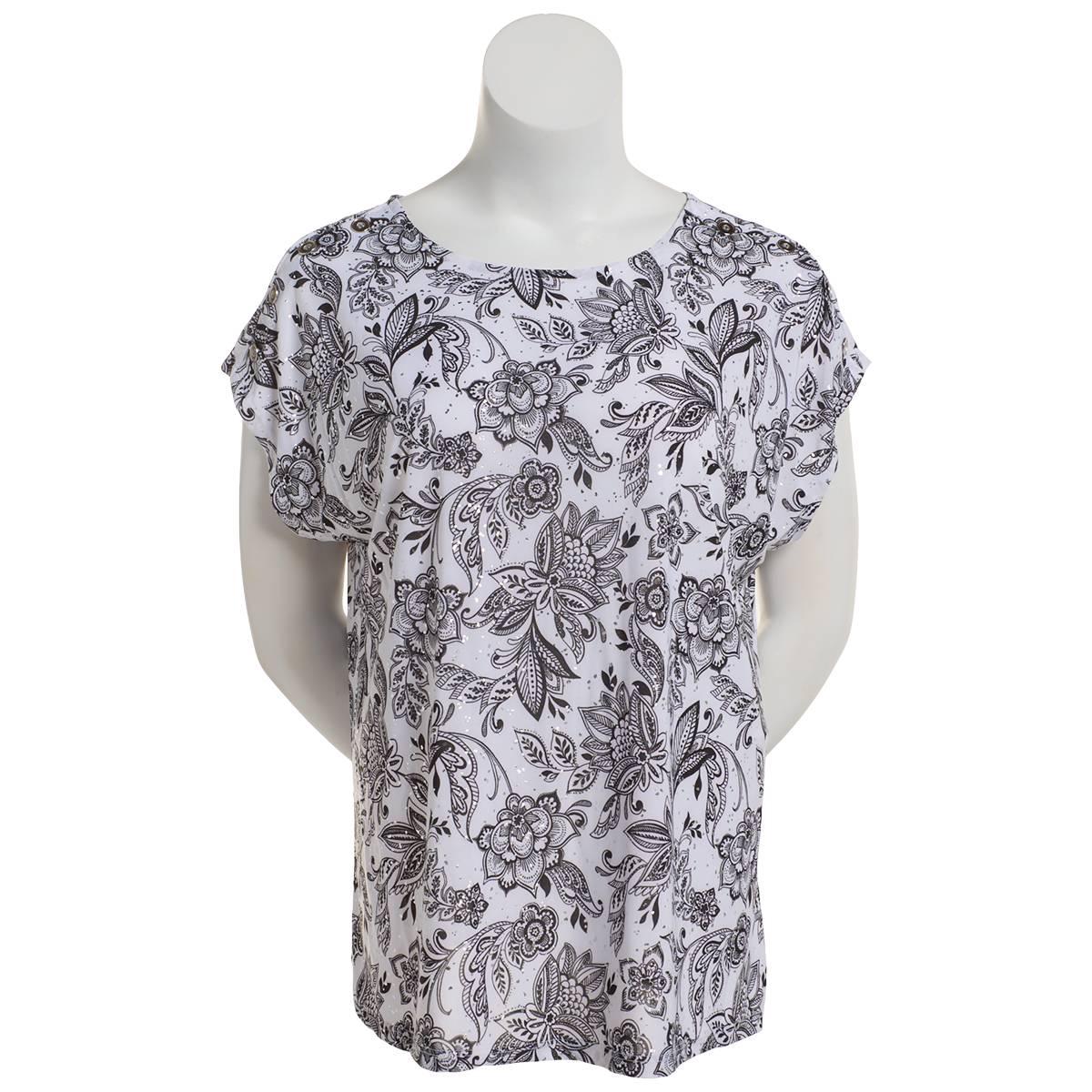 Plus Size Emily Daniels Short Sleeve w/Buttons Floral Blouse