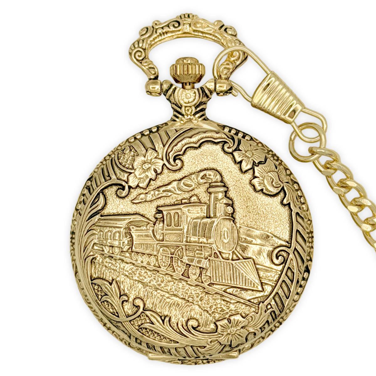 Click here for Mens Gold Alloy Engraved Train Pocket Watch - 3774... prices