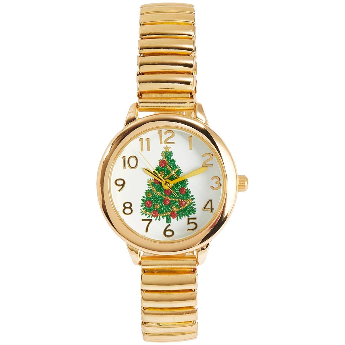 Click here for Womens Gold Stretch Band Glitter Holiday Tree Watc... prices