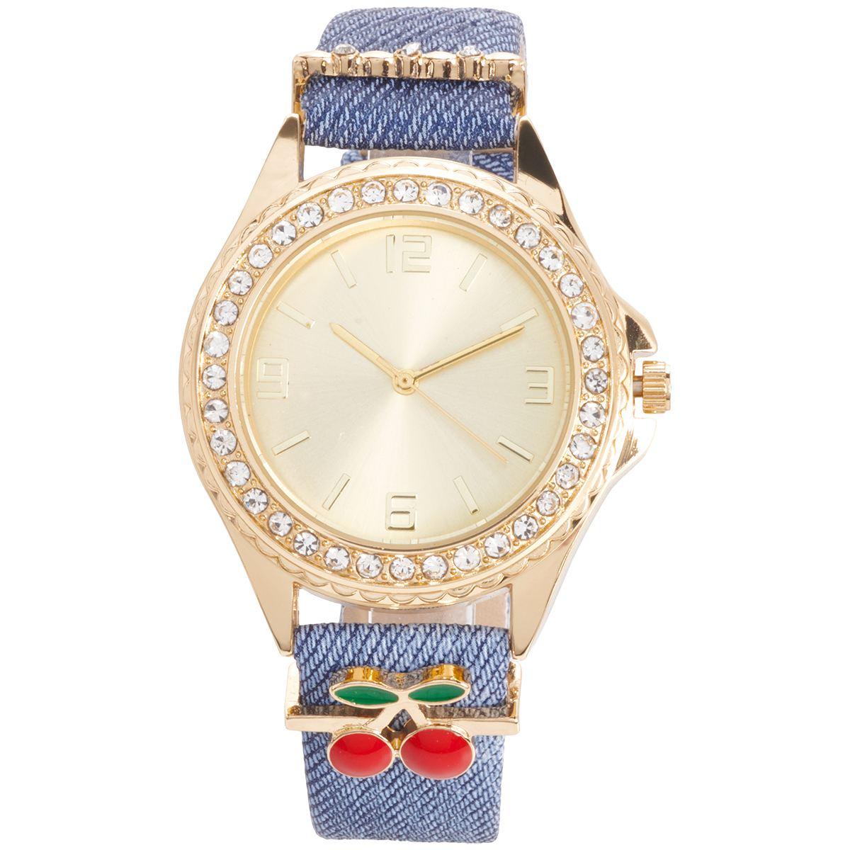 Click here for Womens Cherry Charm Watch w/Denim Inspired Strap -... prices